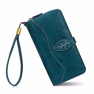 CONISY Womens Wallets Large Capacity, Multi Card Slots Clutch Long Wallet for Women with RFID Blocking (Peacock blue)