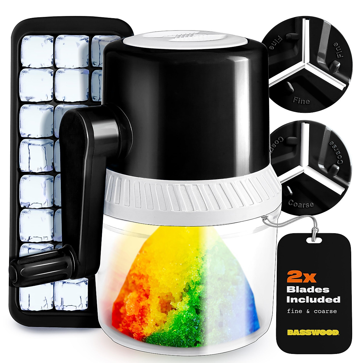 Manual Ice Shaver - Snow Cone Machine with Ice Cube Tray, Stainless Steel Blades, & Large Container - Portable Crushed Ice Machine for Home - Shaved Ice Maker Kit for Kids Snowcones, Slushies & More
