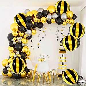 Big, 22 Inch Black and Gold Balloons - Pack of 6, Black and Gold Party Decorations | 360 Degree 4D Sphere Round Gold Black Metallic Balloons for Disco Party Decorations | Hollywood Party Decorations