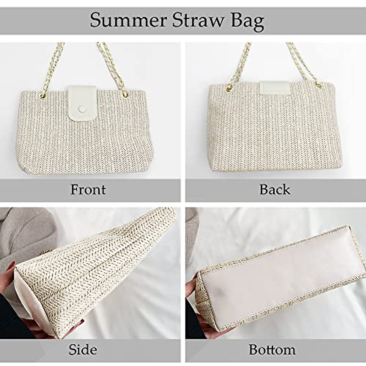 Straw Tote Bags Fashion Satchel Shoulder Handbag Summer Chain Purse Crossbody Beach Bags for Women 2023(White)