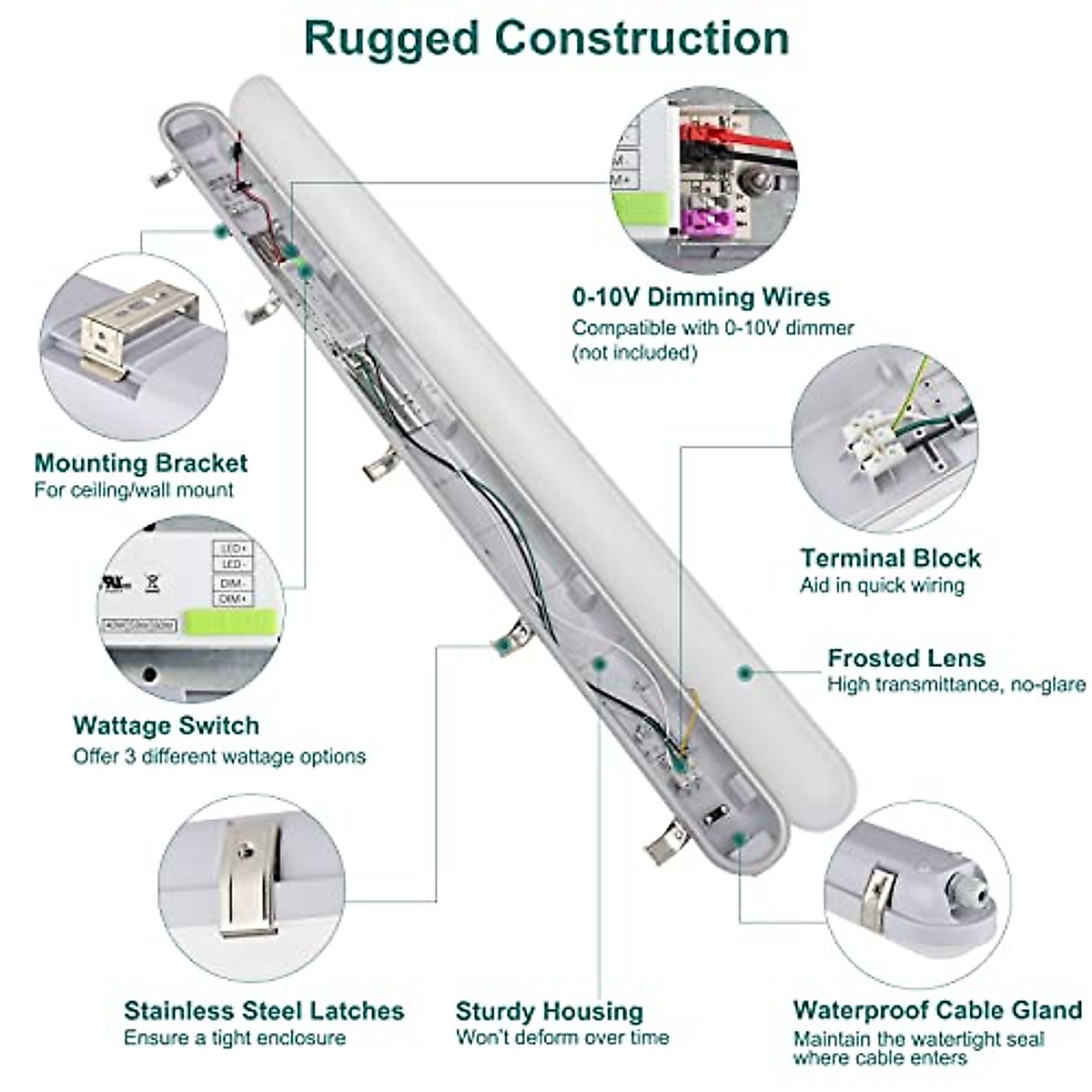 kadision 4FT Vapor Tight LED Light Fixture, 60W/50W/40W Wattage Selectable 7200lm 5000K 100-277V, 0-10V Dimmable Vapor Proof LED Light for Car Washes Parking Garages, UL Listed