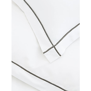 BOLL & BRANCH Signature Embroidered Duvet Set - King/Cal King, White/Stone - Luxury 100% Organic Cotton - 1 Duvet Cover, 2 Shams - Hidden Closures
