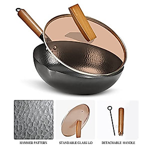 Hyoank AsianTraditional Wok Pan, 12.4'' Woks and Stir Fry Pans, Carbon Steel Wok with Lid Suits for all Stoves