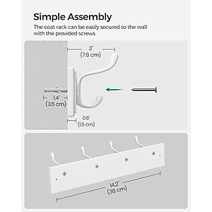 SONGMICS Set of 2 Wall-Mounted Coat Rack, Hook Rack, 8 Dual Metal Hooks, for Coats, Bags, Keys, in The Entryway, Bedroom, Living Room, White ULHR232W01