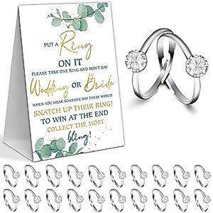 Eucalyptus Bridal Shower Theme Decorations,Put A Ring On It Game,Don't Say Bride Games,Bridal Shower Games,Wedding Shower,Engagement Party Games(1 Sign And 50 Plastic Diamond Rings)-1