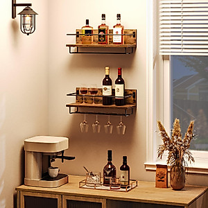 HOOBRO Wall Mounted Wine Rack 2 Pack, Wine Shelf Hanging Floating Wall Shelves, Wine Glass Bottle Rack Stemware Holder, for Living Room, Dining Room, Kitchen, Rustic Brown and Black BF28BJ01