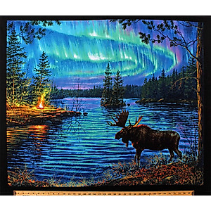 35" X 44" Panel Moose Northern Lights Northwoods Landscape Campfire Aurora Borealis Camping Lake Nature Scenic Cotton Fabric Panel (D762.46)