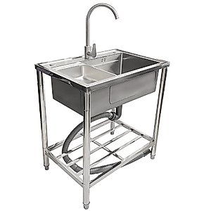 Outdoor Sink Single Bowl Free Standing Stainless Steel Sink Set with Faucet Drain Basket, Shelf, Kitchen Utility Sink for Restaurant, Bar, Laundry, Garage, Backyard, Camping 28.3"×19.3"×31.5"