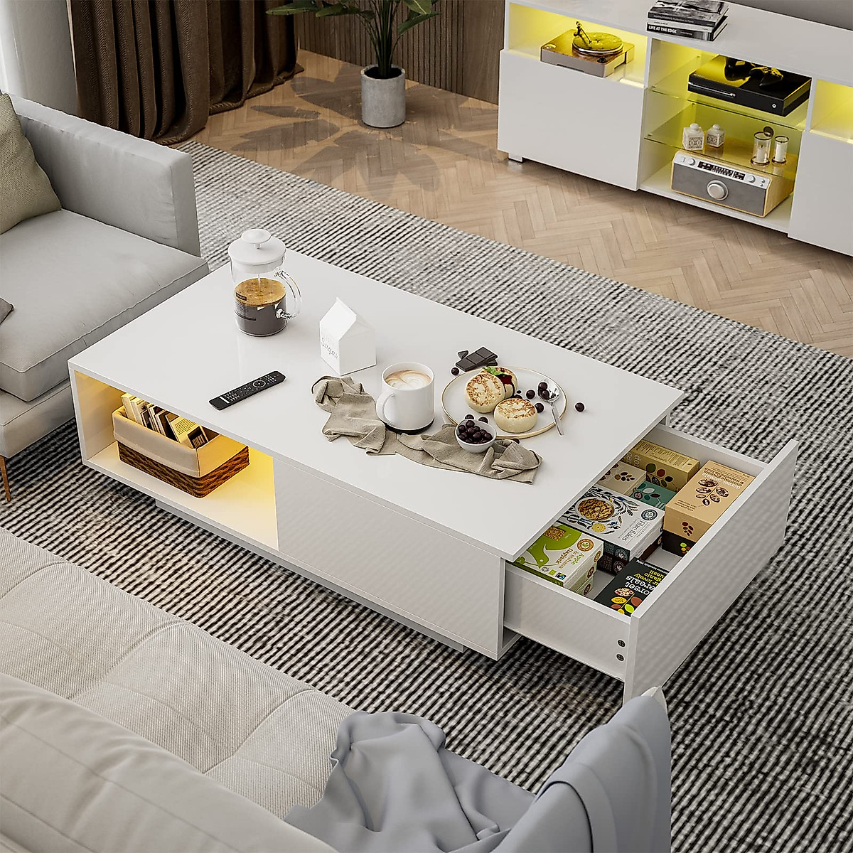 IKIFLY Modern LED Coffee Table with A Drawer, White High Glossy Coffee Table with 16 Colors LED Lights for Living Room