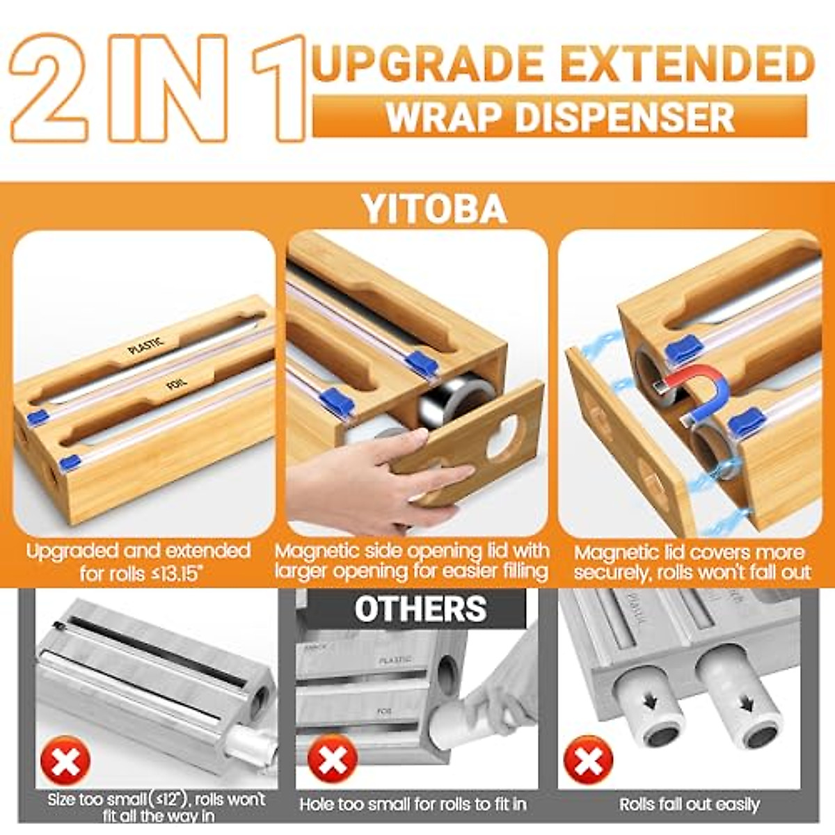 YITOBA 6 In 1 Bag Storage Organizer with Foil and Plastic Wrap Organizer, Extended Aluminum Foil Dispenser, Bamboo Baggie Organizer for Drawer, Sandwich Bag Organizer for Gallon, Quart, Snack