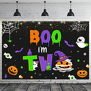 kreat4joy Boo Im Two Decor Birthday Backdrop Banner, Halloween 2nd Birthday Party Decorations, Black Orange Purple Green Halloween Balloons Cake Cupcake Toppers 2 Year Old Boys Girls Birthday Party