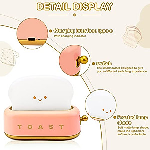 Decor Toaster Night Light Lamp Rechargeable Small Lamps with Smile Face Cute Toast Bread Shape Decor Night Lights for Kids Baby Nursery Pink