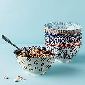 Amazingware Porcelain Salad Bowls - 18 Ounce for Cereal, Soup, Salad and Pasta, Bowl Set of 6, Assorted Designs