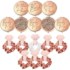 16 Pcs Proposal Gifts Set Compact Pocket Mirrors Bride Maid of Honor Matron of Honor Bridesmaid Diamond Makeup Mirrors with Hair Scrunchies for Wedding Bachelorette Bride Shower Party Bridesmaid Gifts