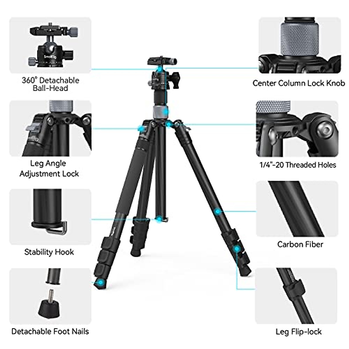 SmallRig 62.2" Carbon Fiber Tripod with Center Column, Travel Lightweight Tripods & Detachable Monopod, 360° Ball Head, Quick Release Plate, Load up to 26.5 lbs/12 kg-4059