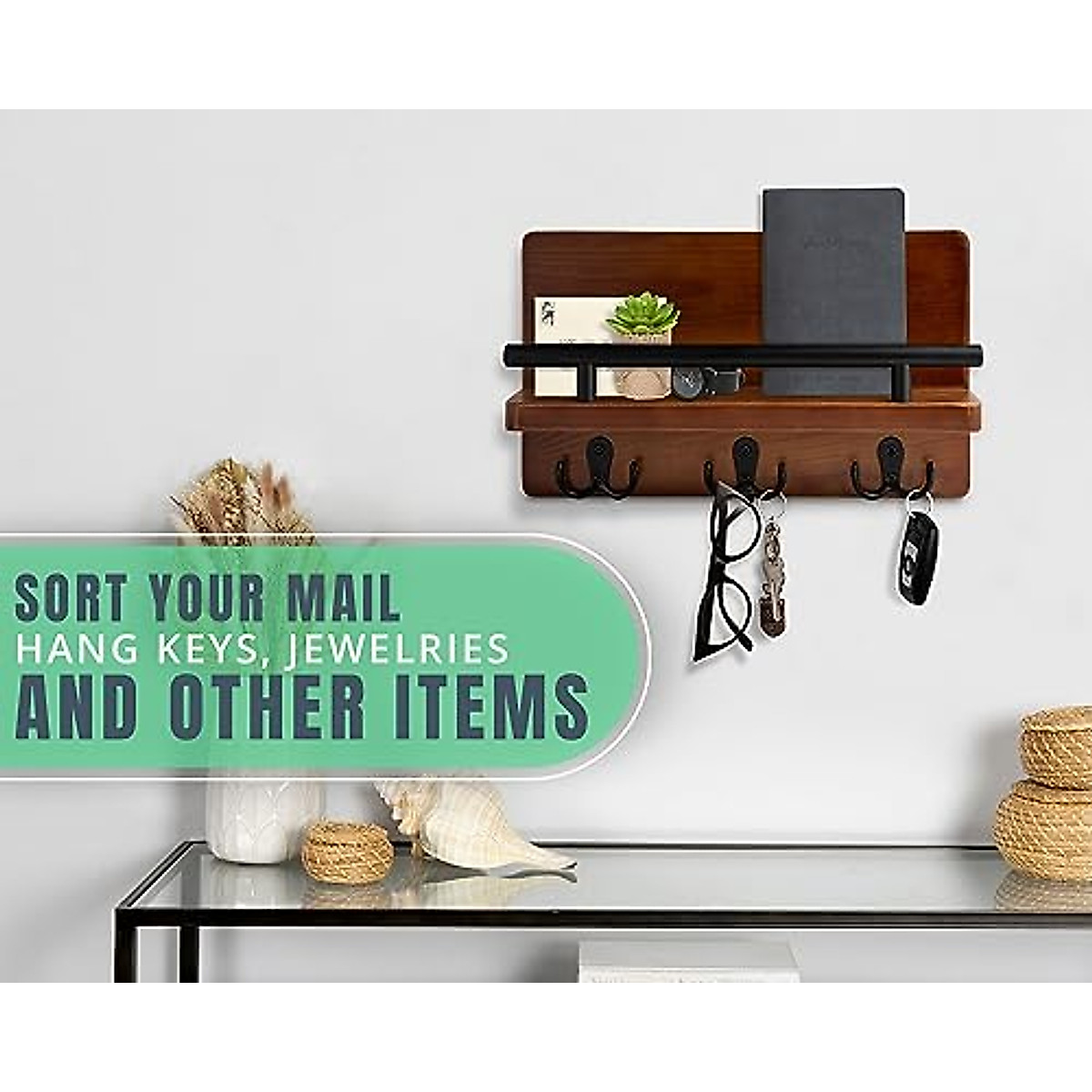 Comfify Natural Pine Wood Key Holder for Wall - Modern Decorative Finish with Metal Key Hooks and Mail Organizer/Sorter Slot - White