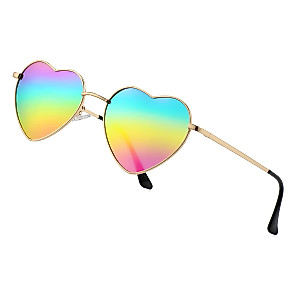 Polarized Heart Sunglasses for Women Fashion Lovely Style Metal Frame UV400 Protection Lens (Gold/Rainbow Mirror)