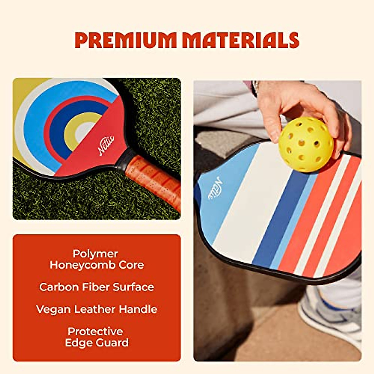 Nettie Pickleball Co - Pickleball Paddle Set of 2 | Double Pack | Lightweight Honeycomb Core | Includes 2 Pickleball Balls & 2 Sweatbands | Premium Material (Bainbridge and Bedford)