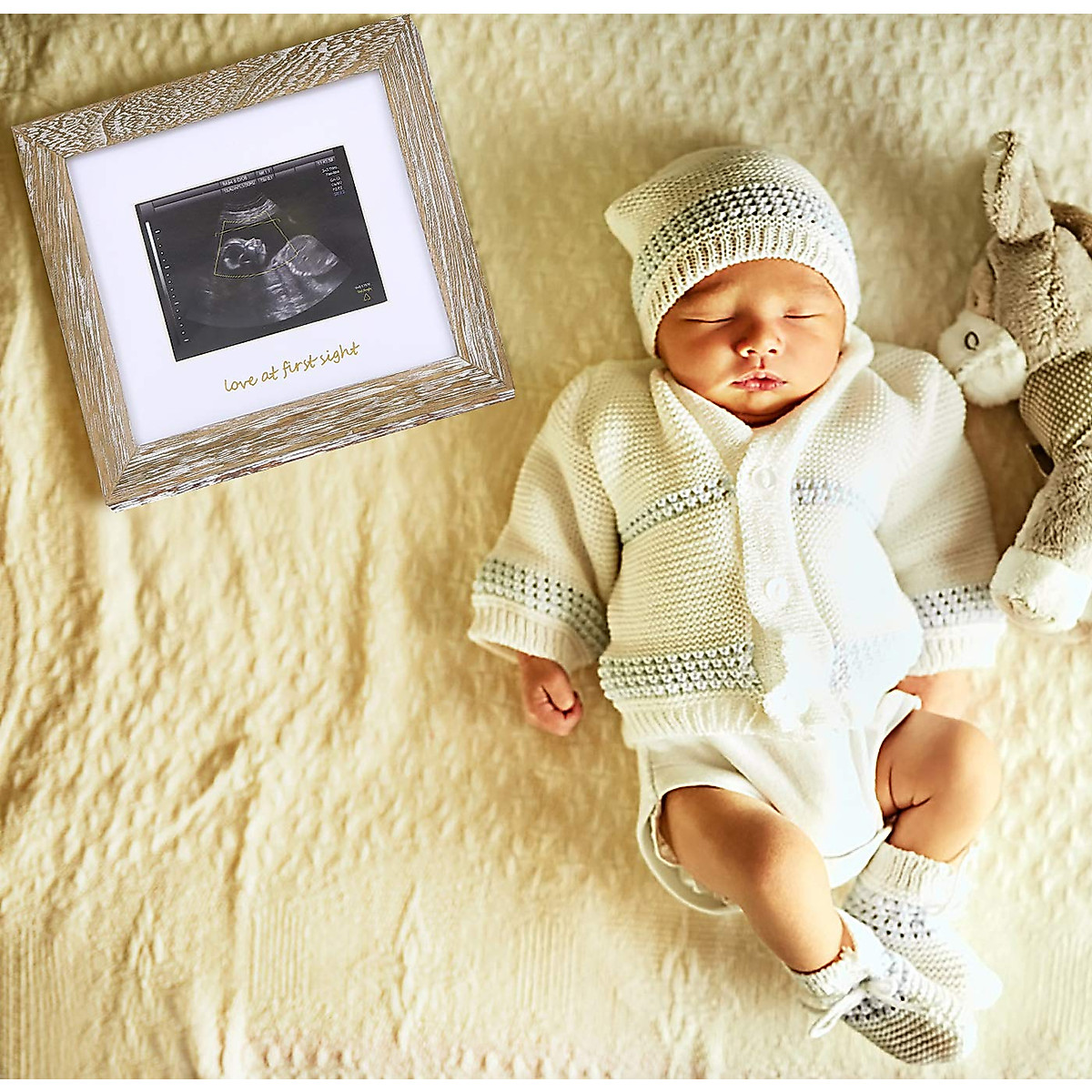 IHEIPYE Baby Love at First Sight Sonogram Keepsake Frame - Ultrasound Picture Frame - Pregnancy Announcement Frame for Expecting Parents, Gender Reveal Party, Grandparents, Rustic White