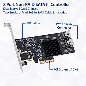 Syba 8 Port SATA III Non-RAID PCI-e x4 Controller Card Supports FreeNAS and ZFS RAID - Includes Mini SAS to SATA Breack Out Cables (SI-PEX40137)