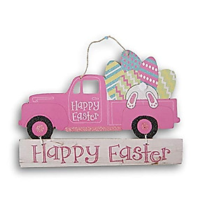 Happy Easter Truck Glittery Decor Sign with Jute Hanger - 13.5 x 9.75 Inches (Pink)