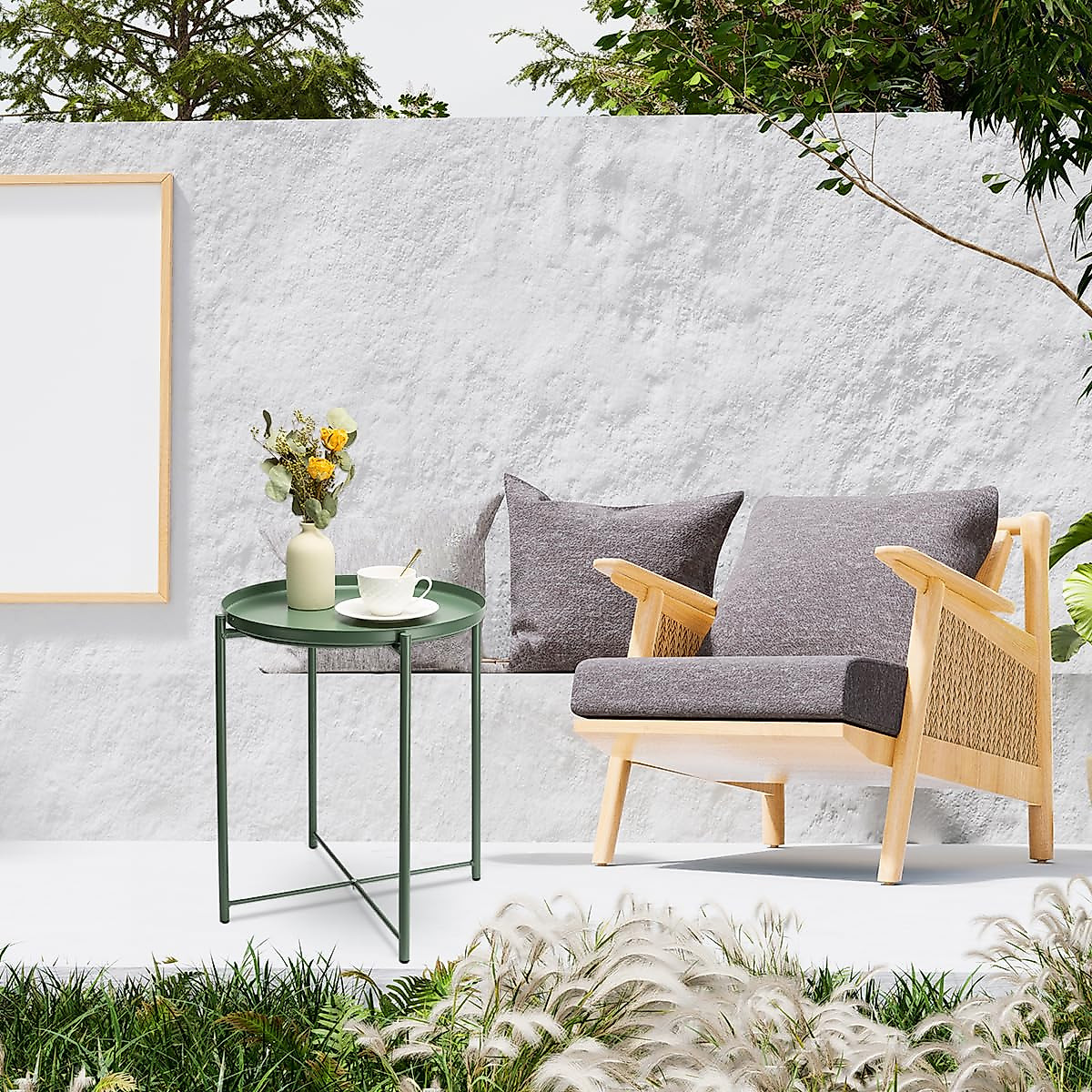 danpinera Side Table, End Table for Small Spaces Accent Metal Bedside Table Round Small End Table, Outdoor Side Table Accent Patio Side Table Anti-Rust and Waterproof Dark Green