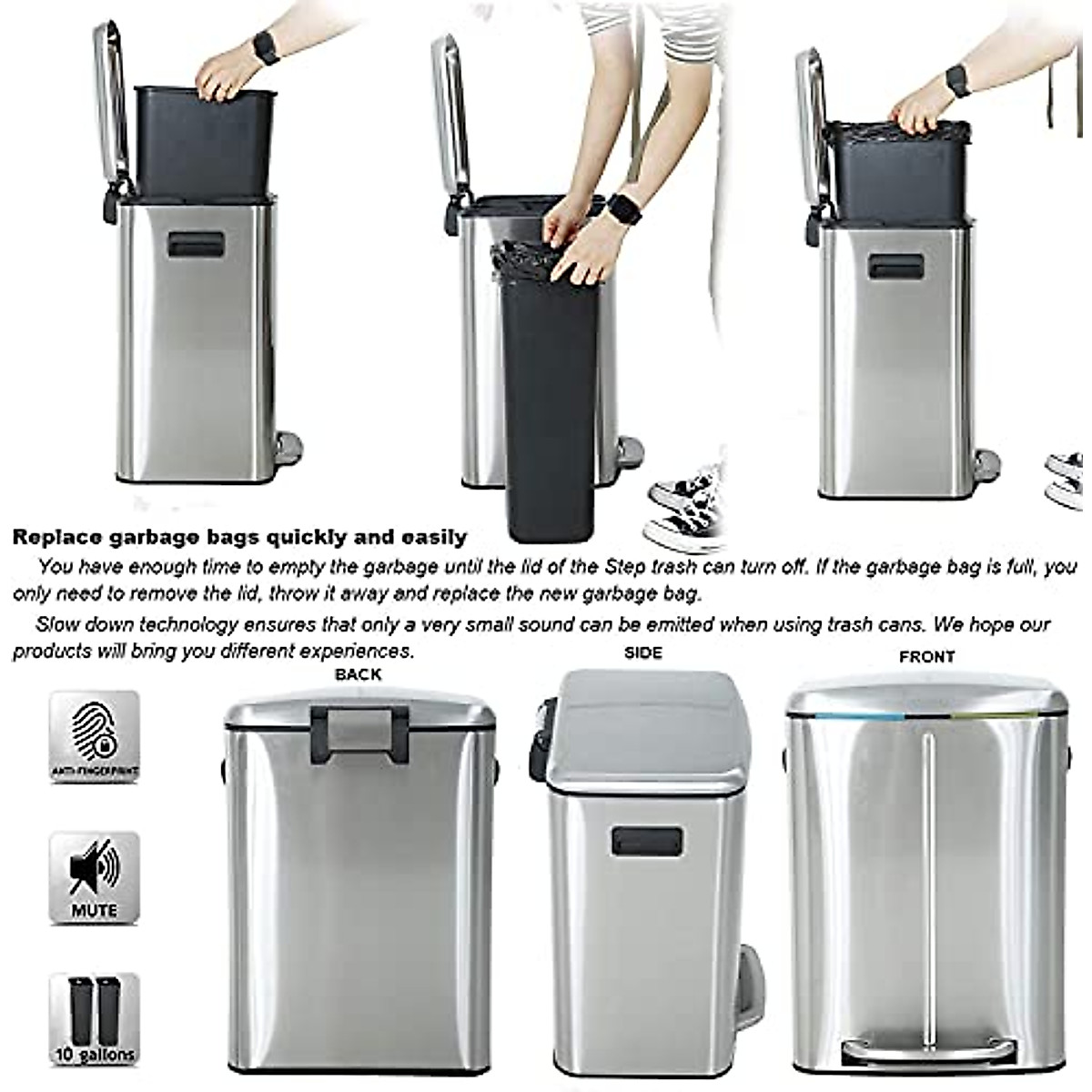 10 Gallon 40L Trash Can with Lid 2 Removable Liner Bucket Area for Office Kitchen Stainless Steel Metal Trash Can, Step Trash Can Wastebasket, Room Large Recycling Trash Can, Garbage Container Bin