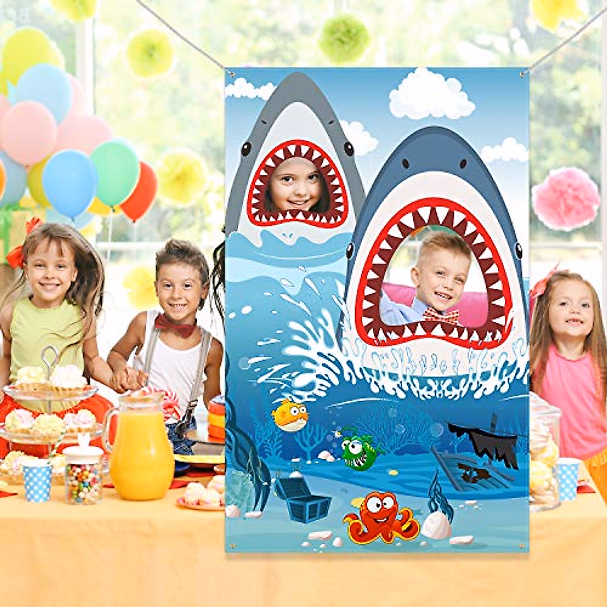 Shark Zone Backdrop Supplies Shark Photography Background Banner for Boy Girl Birthday Sea Shark Theme Party Baby Shower Decorations 70.8 x 35.5 Inch