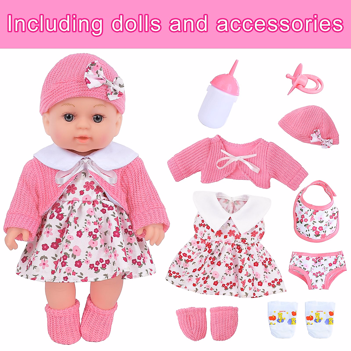 ZNTWEI 12 Inch Baby Doll Playset with Reborn Baby Dolls Clothes and Accessories Including Bottles, Nipple, Diaper, Bib, Underpants