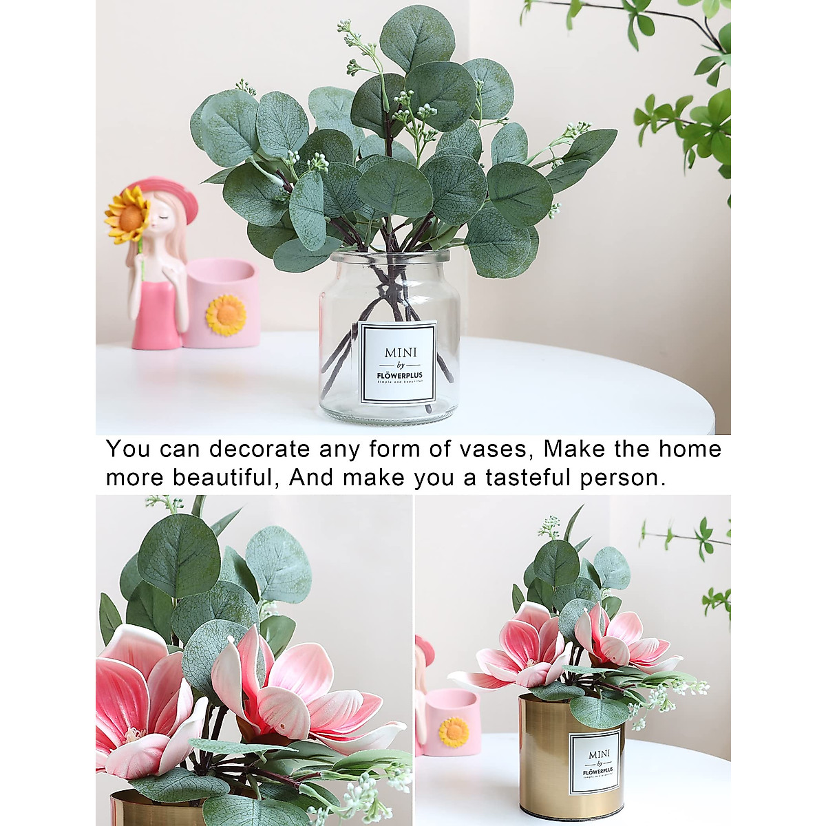 Forlaoers 6pcs Small Fake Plants Silver Dollar Eucalyptus Garland Silk Leaves Stems with Seeds Faux Flowers Bouquets Greenery for Decor Rectangular Floral Centerpieces, Grey Green, HY28015