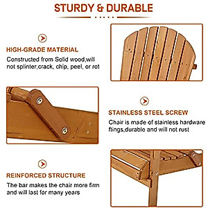 Adirondack Chair Weather Resistant Patio Chairs Folding Outdoor Chair w/Long Arms Solid Wooden Heavy Duty Reclining Fire Pit Chair for Deck, Lawn, Backyard, Garden Set of 2- Natural