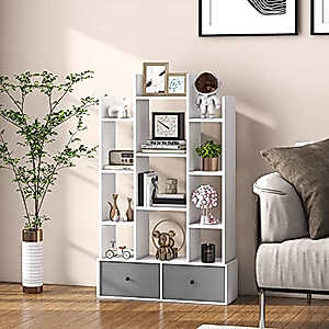 Tangkula Bookshelf with 2 Drawers, Tree-Shaped Bookcase with 12 Open Storage Shelves, Freestanding Industrial Wood Display Cube Shelf, Home Office Books Organizer, 31.5 x 9.5 x 52 Inches