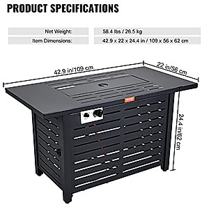 VEVOR Gas Fire Pit Table, 43 In 50000 BTU, Propane Outdoor Wicker Patio fire Pits with Carbon Steel Tabletop, Lava Rock, Glass Wind Guard, Cover, Add Warmth to Gathering on Garden Backyard, CSA Listed