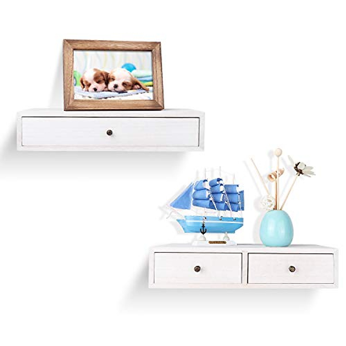 Emfogo Floating Shelf with Drawer Small Rustic Wood Wall Shelves for Storing and Displaying Multiuse Shelf Pack of 2