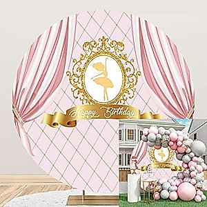 Leyiyi 6.5x6.5ft Ballerina Happy Birthday Round Backdrop Pink and Gold Ballet Girl Curtain Princess 1st Birthday Party Decor Banner Tutu Ballerina Birthday Party Baby Shower Cake Table Supplies