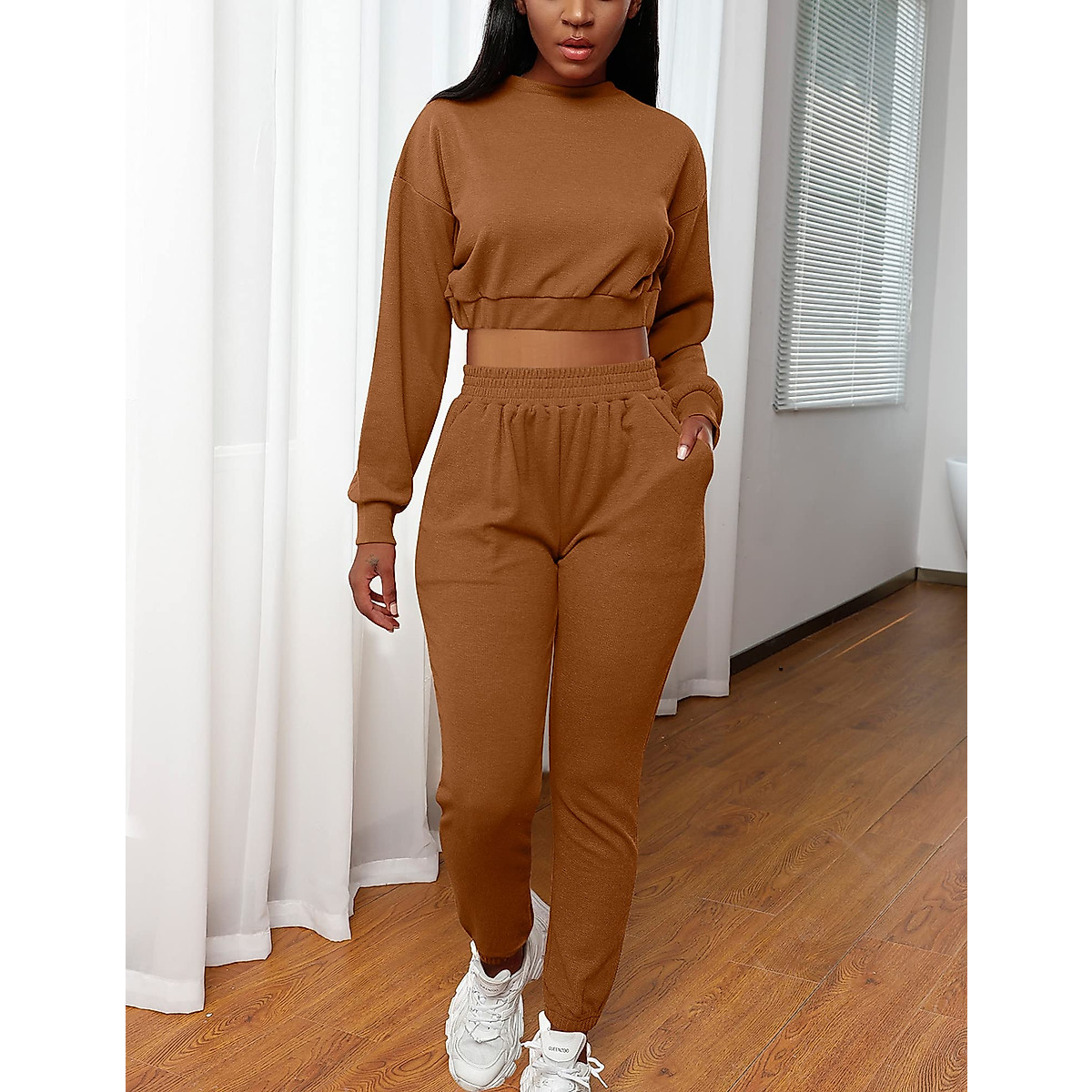 Mizoci Women's 2 Piece Outfits Lounge Jogger sets Long Sleeve Crop Top Pant Sweat Suit Tracksuit,Medium,Coffee