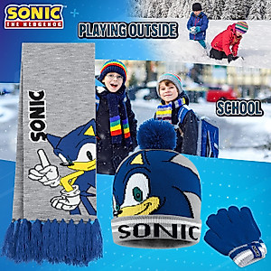 Sonic The Hedgehog Beanie Hat Scarf and Gloves Set for Boys (Multicolour- 3 Pieces)