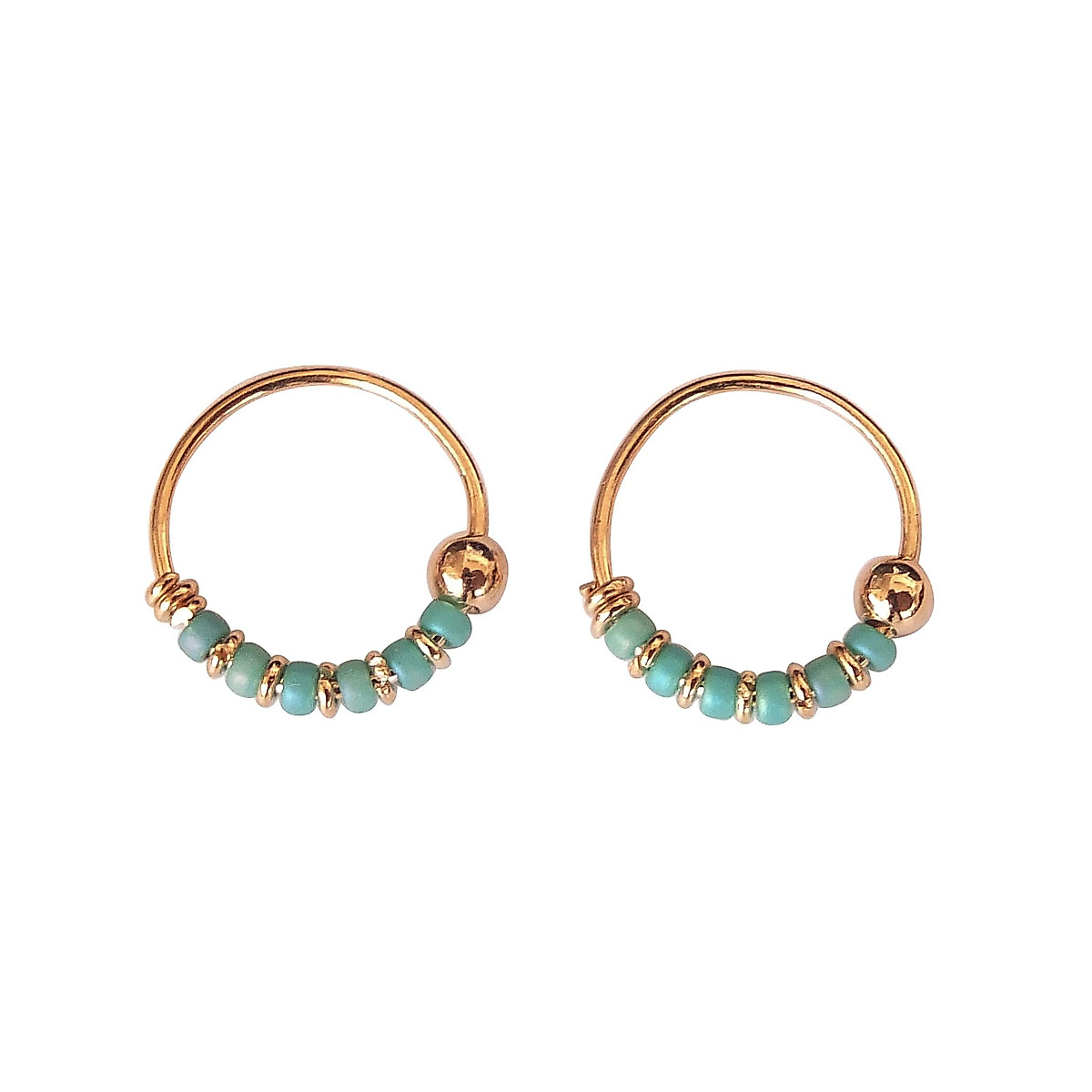 Handmade Gold Pair Small 10MM Cartilgae Helix Piercing Turquoise Beaded Hoop Earrings, Gold Plated over Sterling Silver Thin 22Gauge Beads Hoops for women, By Miya Jewelry