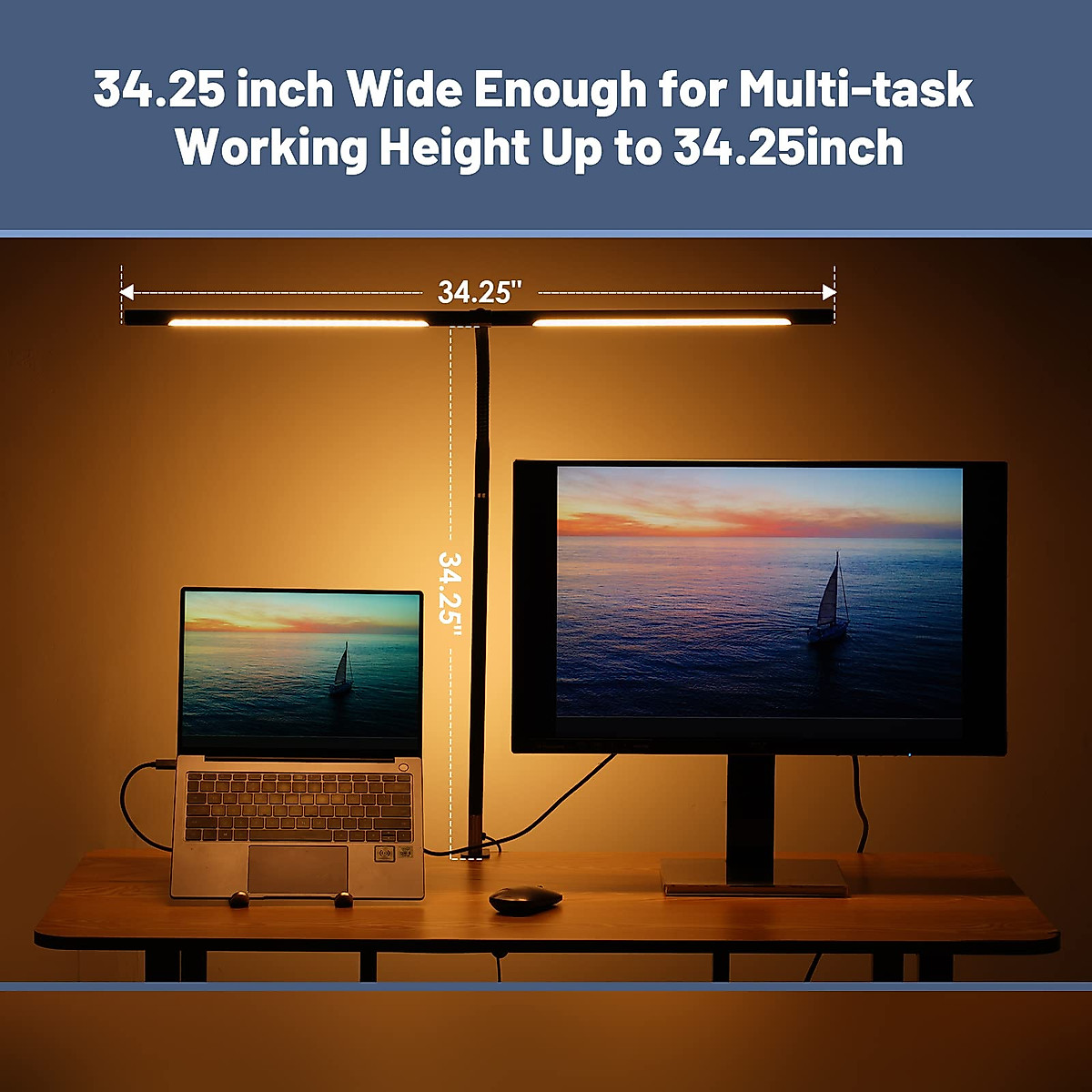 DELIZIO Desk Lamp 34.25in, Architect Lamp for Home Office, 21W Clamp Lamp ,3 Color Modes Stepless Dimming, Modern Eye-Caring Office Light ,Three Head Work Lamp with Remote Control Workbench Lamp