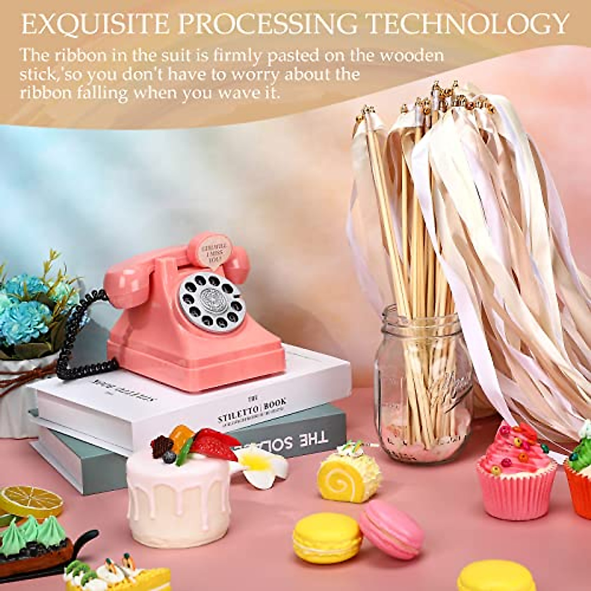 100 Pieces Lace Ribbon Wedding Wand Sticks Colorful Ribbon Streamers Party Ribbon Streamers with Bells Silk Fairy Stick Wands for Wedding, Party, Holiday, Activities(White, Brown, Champagne)