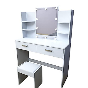 CIATRE White Elegant Vanity Set with 10 LED Light Bulbs, Cushioned Stool, and Ample Storage - Perfect for Makeup and Organization