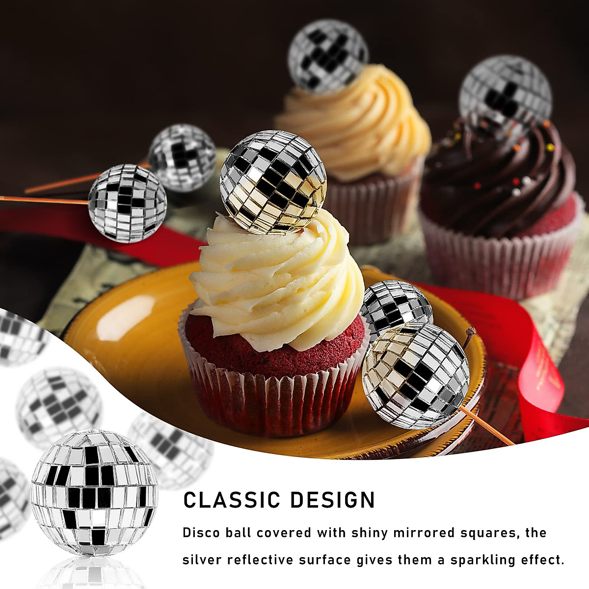 Disco Ball Cake Toppers, 20pcs 1970s Disco Ball Cake Decorations Cupcake Toppers Cake Picks for Birthday Disco Theme 70s Party Supplies(Silver)