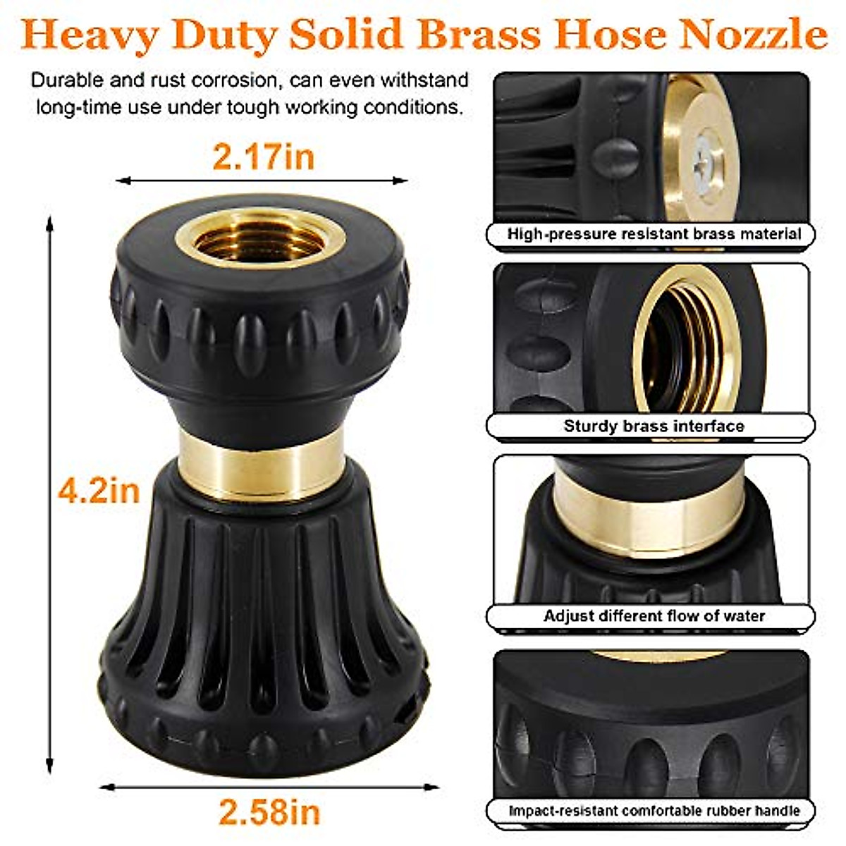 Twinkle Star Fireman Style Hose Nozzle, Heavy Duty Brass Durable Water Jet, Leak Proof Suitable for Car Wash, Patio Cleaning, Watering Lawn/Garden, Shower Pets, Fits All Standard Garden Hoses
