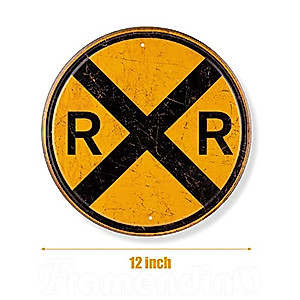 Framendino, Railroad Crossing Tin Sign Metal Tin Traffic Sign Wall Decor Rail Road Round Symbol Sign 12 Inch
