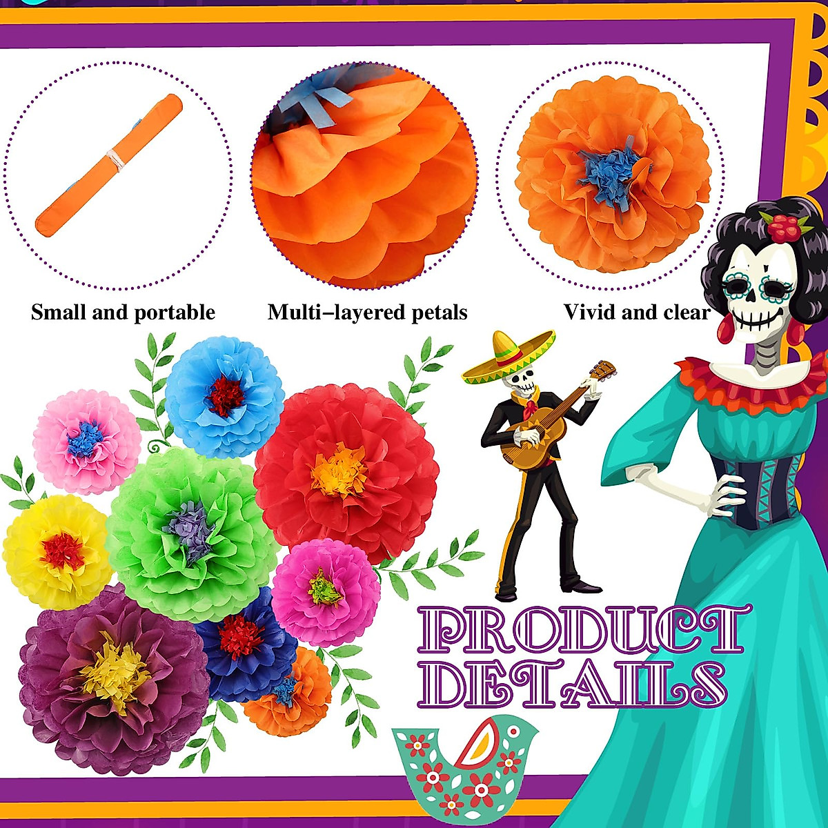 Geyee 27 Pcs Mexican Paper Flowers Colorful Tissue Paper Flowers Fiesta Paper Flowers Mexican Carnival Paper Flowers for Floral Party Backdrop Birthday Wedding Party 8, 10, 12 Inch (Stylish Color)