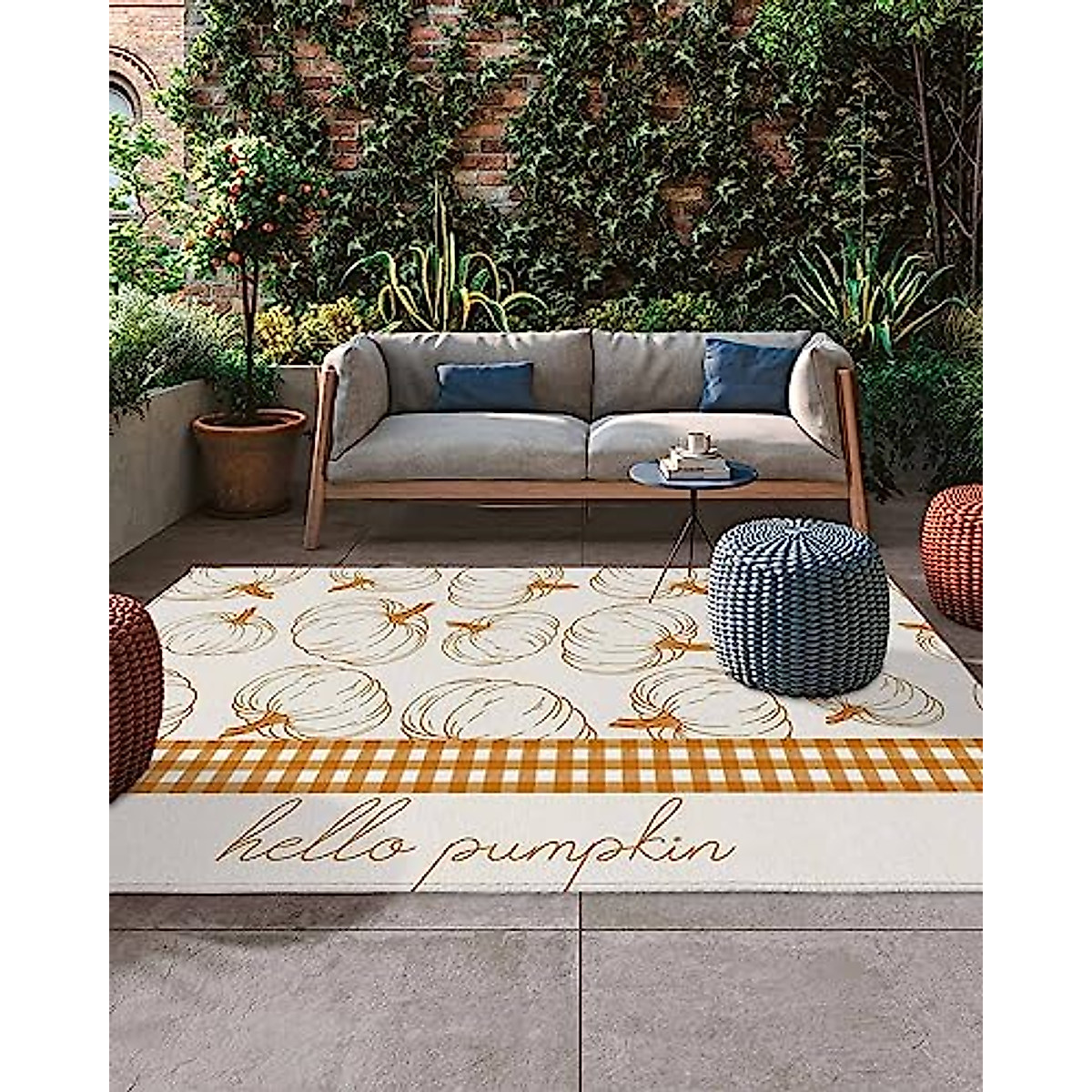Hello Pumpkin Outdoor Rug for Patio/Deck/Porch, Non-Slip Large Area Rug 6 x 9 Ft, Thanksgiving Orange Plaid Pumpkin Fall Indoor Outdoor Rugs Washable Area Rugs, Reversible Camping Rug Carpet Runner