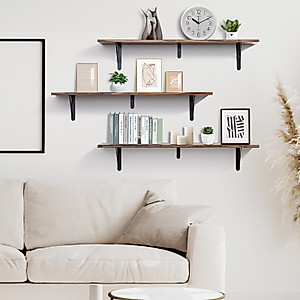 AZSKY Floating Shelves 48 Inch Set of 3 Solid Wood Book Shelves with Black Brackets, Photo & Picture Ledge Shelves for Bedroom, Living Room, Bathroom, Kitchen, Office (Deep Walnut)