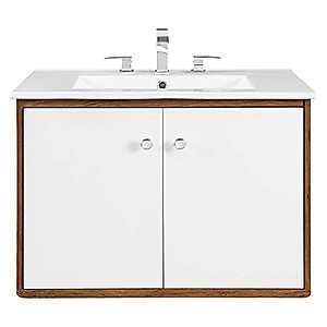 Modway Transmit Wall-Mount, 30" Bathroom Vanity, Walnut White
