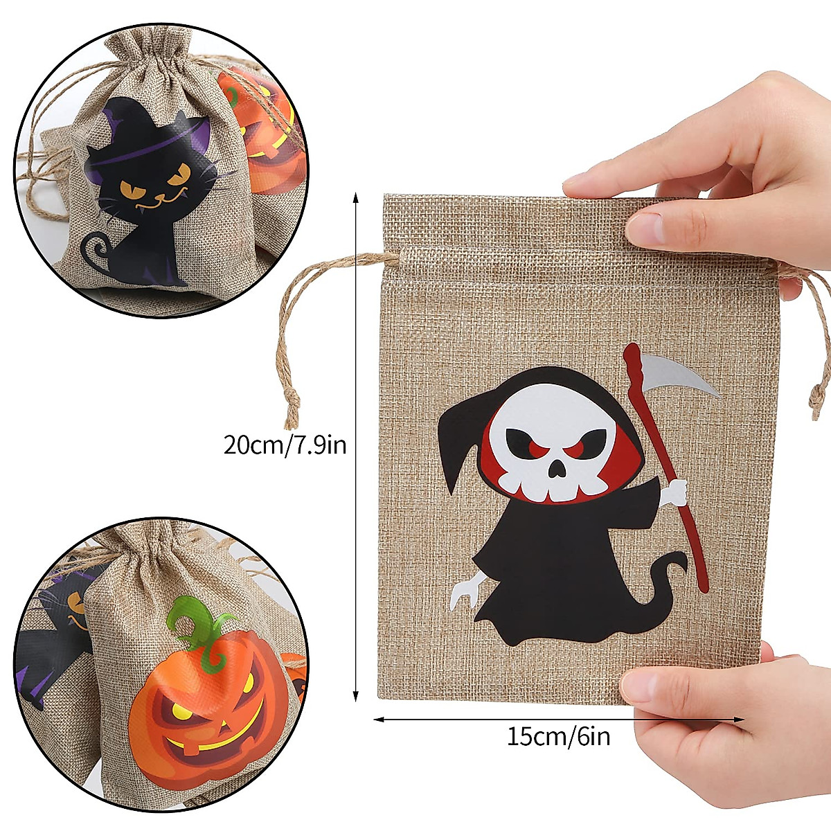 DERAYEE Halloween Burlap Treat Bags with Drawstrings, 6"x 8" Gift Candy Bags Goodie Bag for trick or treat Kids Halloween Party Favor 18Pcs