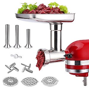 Stainless Steel Food Grinder Attachment for KitchenAid Mixers, Dishwasher Safe, Strong Meat Processor Accessories Included 3 Sausage Stuffer Tubes